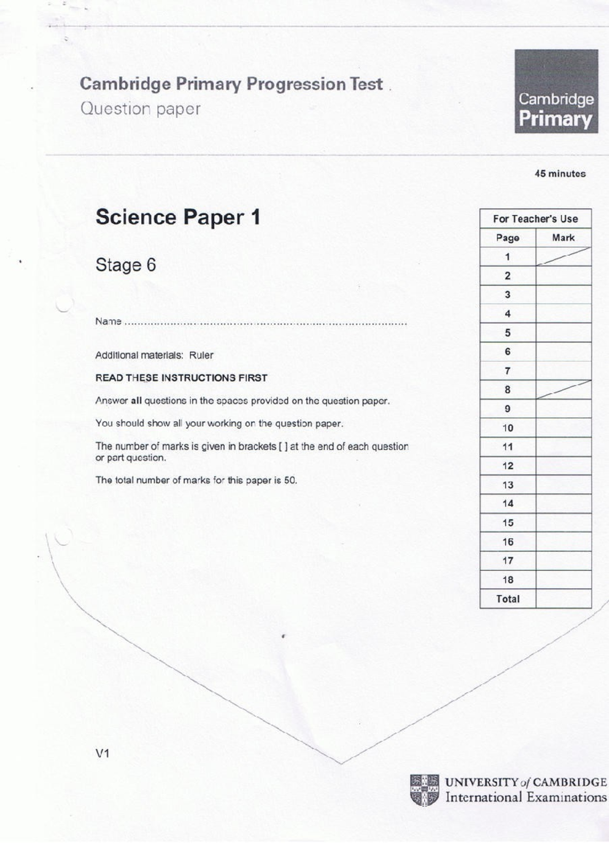Cambridge Primary Progression Test Stage 6 Science Paper 2 - Studocu