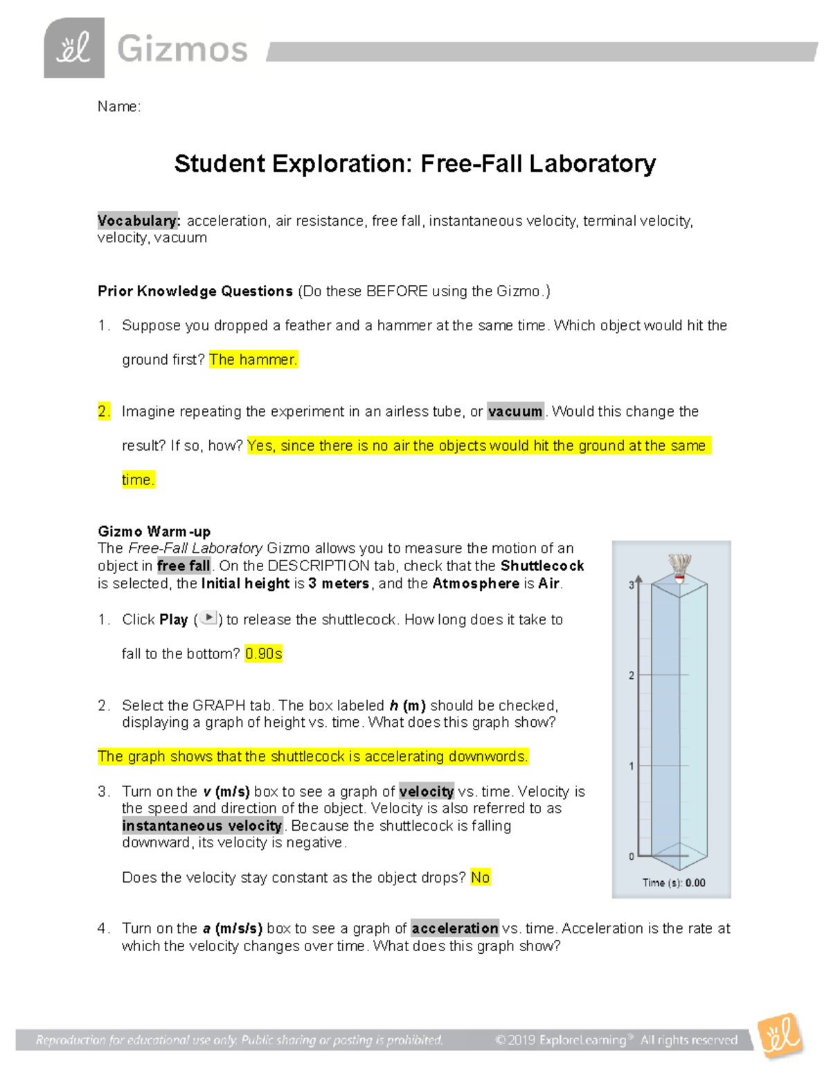 Free Fall Gizmo - Name: Student Exploration: Free-Fall Laboratory ...