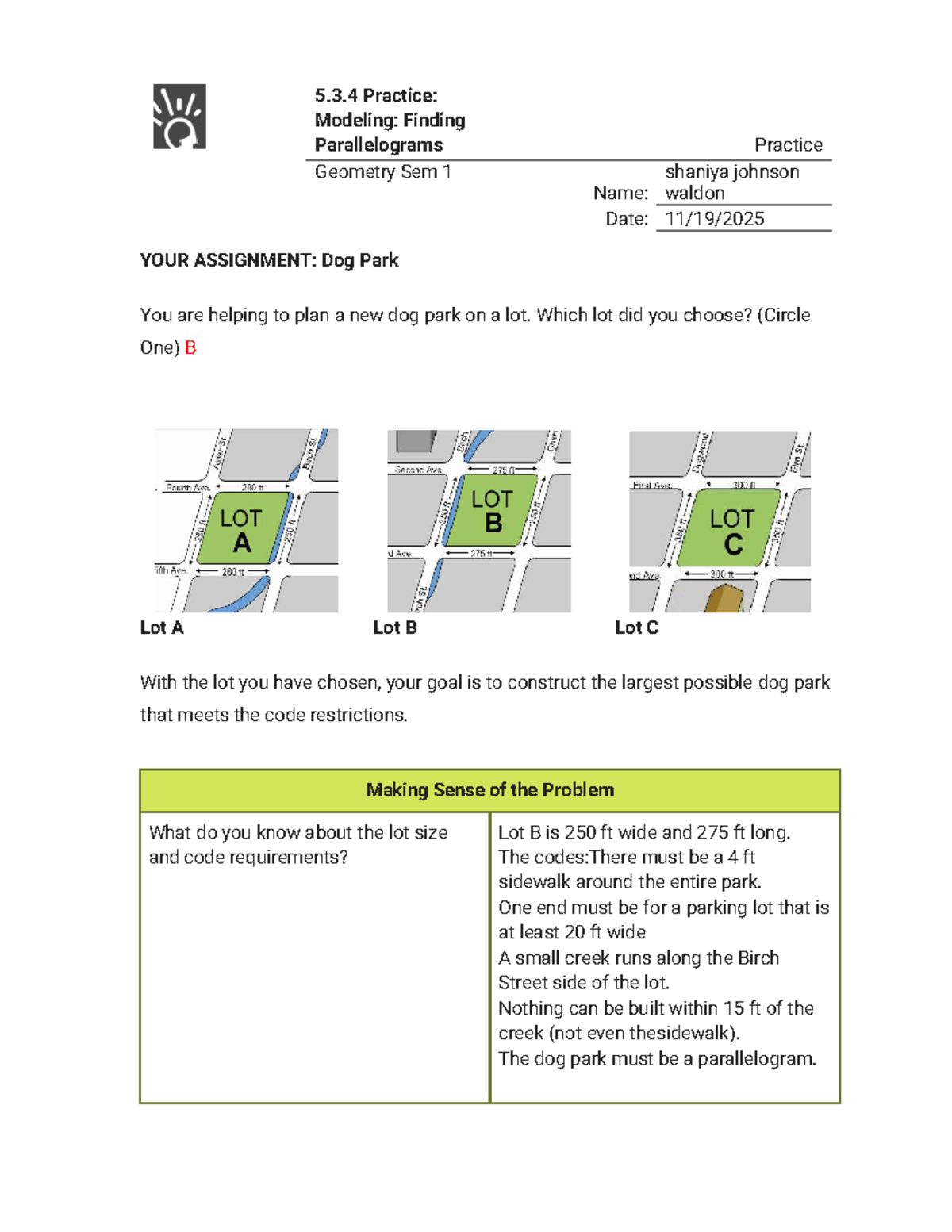 5.3.4 Practice: Modeling Parallelograms in Geometry Sem 1 - Studocu