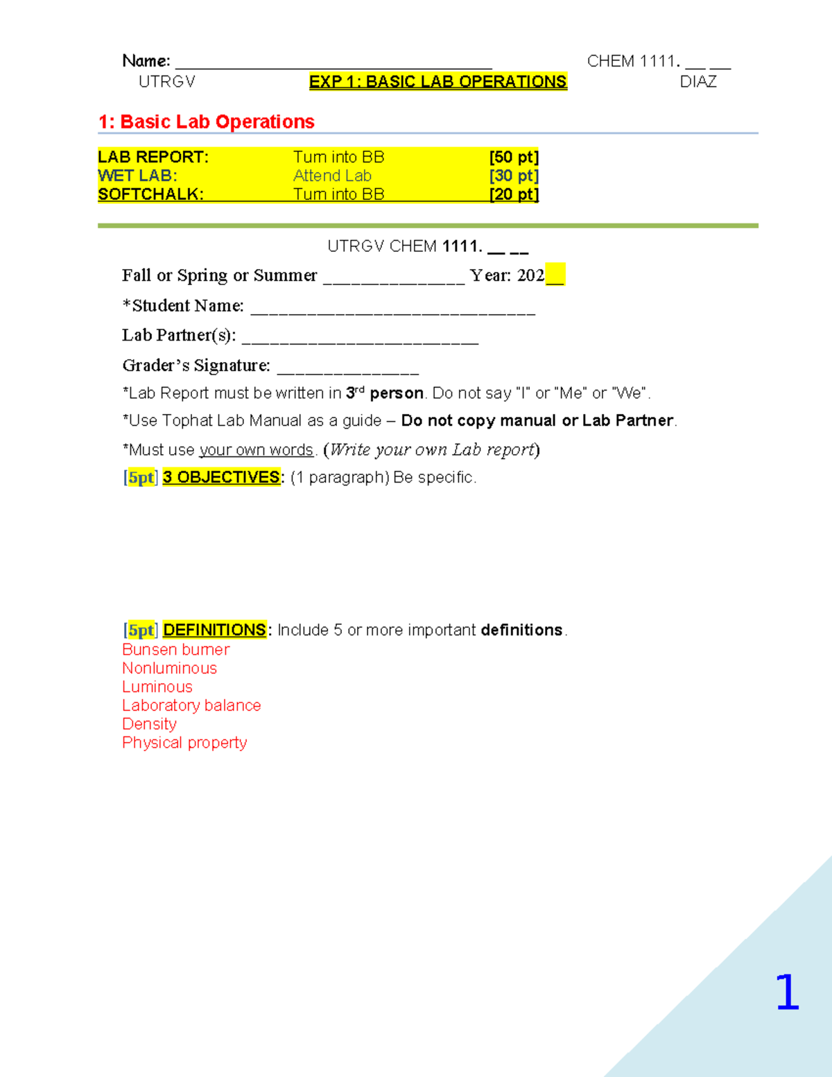 UTRGV CHEM __ __ EXP 1: Basic Lab Operations Lab Report 2024 - Studocu