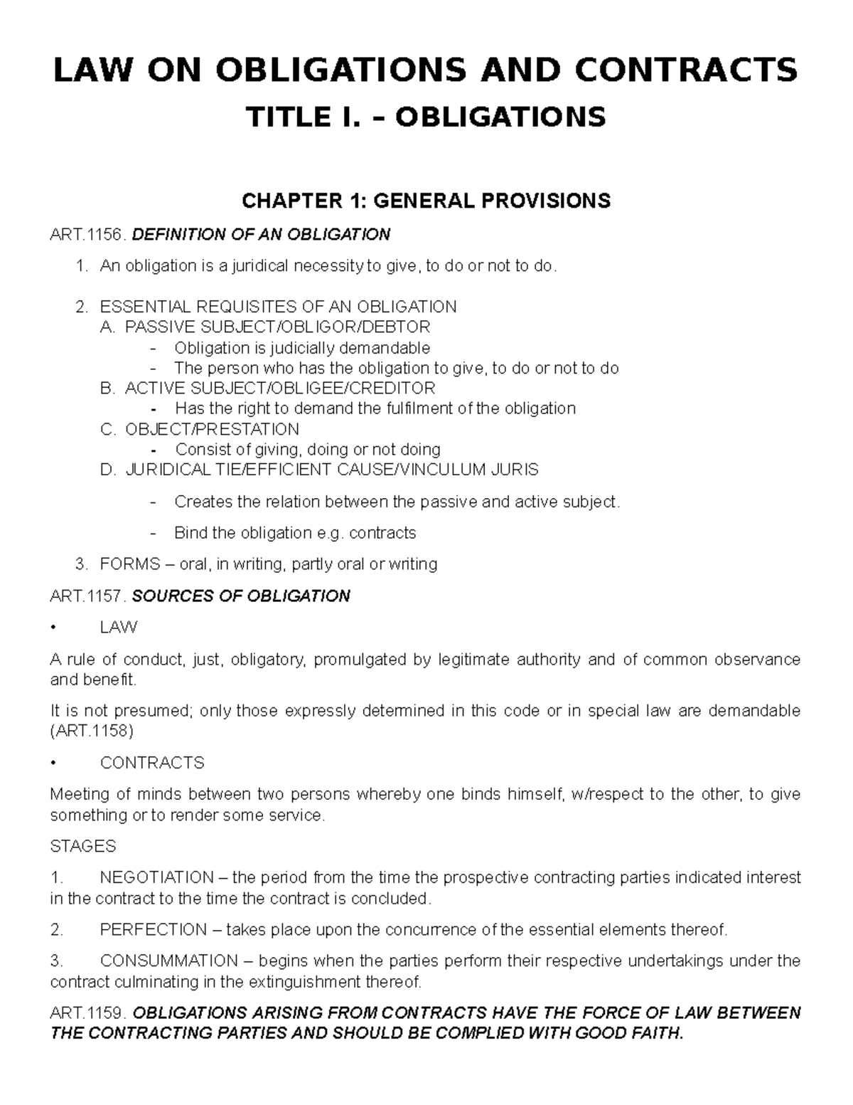 Chapter 1: General Provisions in Obligations and Contracts (Law 101 ...