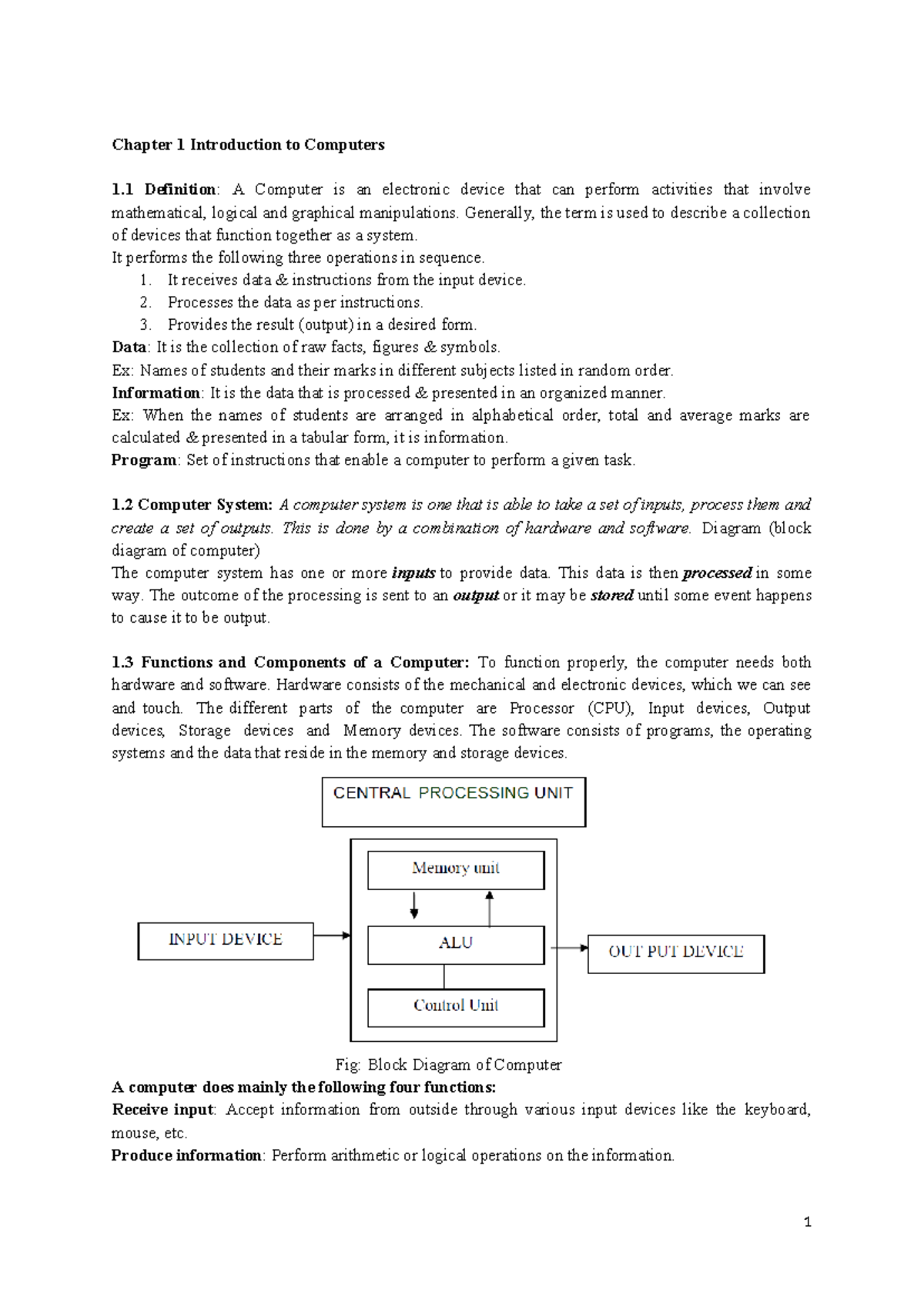 CSE101: Chapter 1 - Introduction to Computers and Their Functions - Studocu