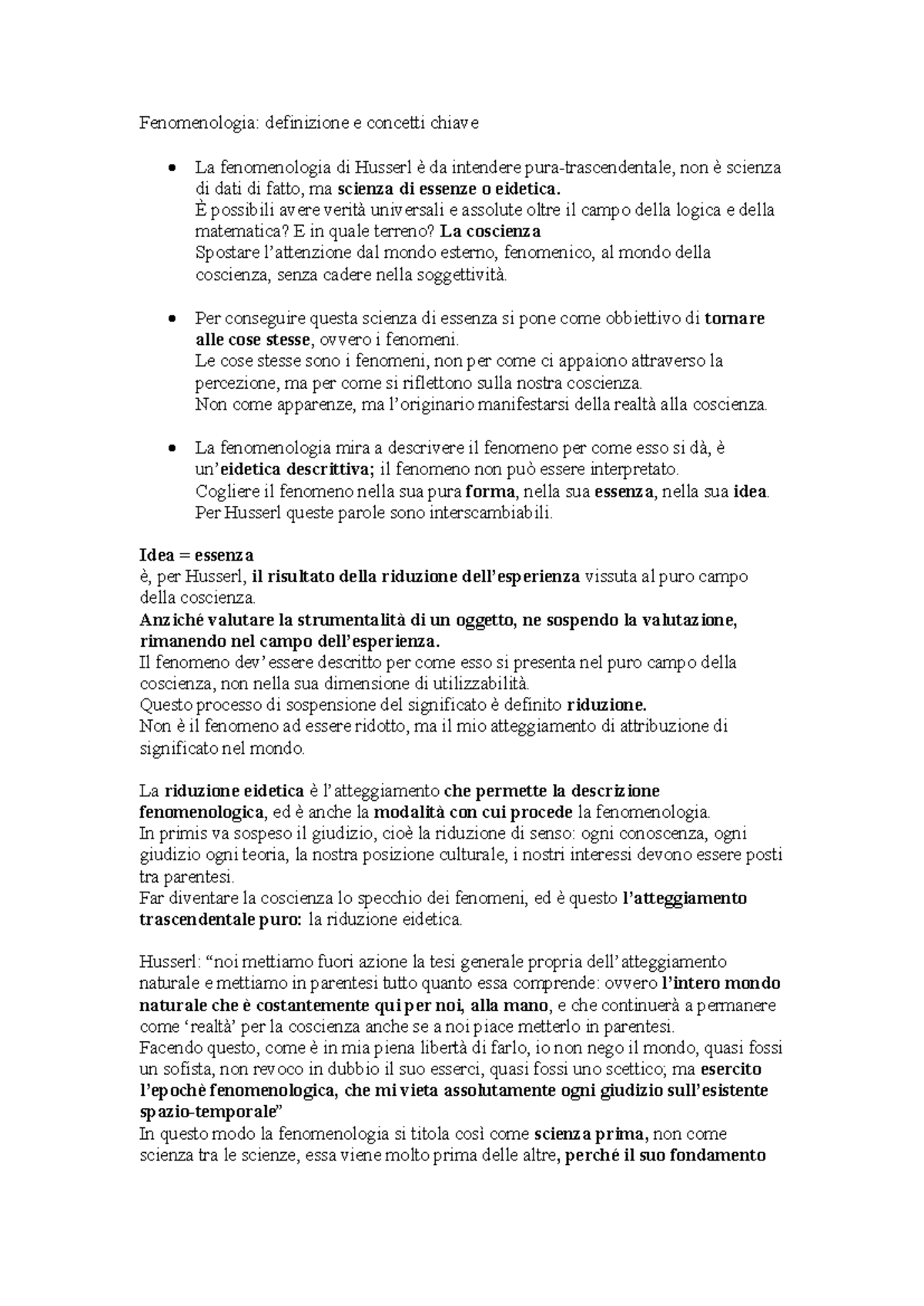 Fenomenologia di Husserl: Definizione e Concetti Chiave - Studocu