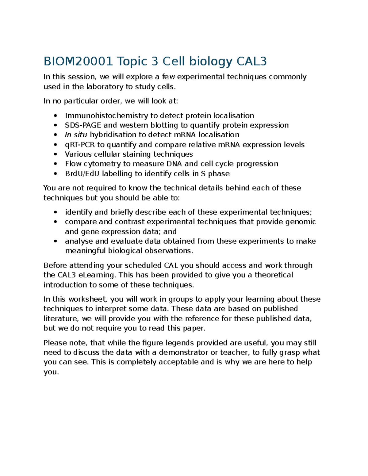 Experimental Techniques in Cell Biology: CAL3 Worksheet Insights - Studocu