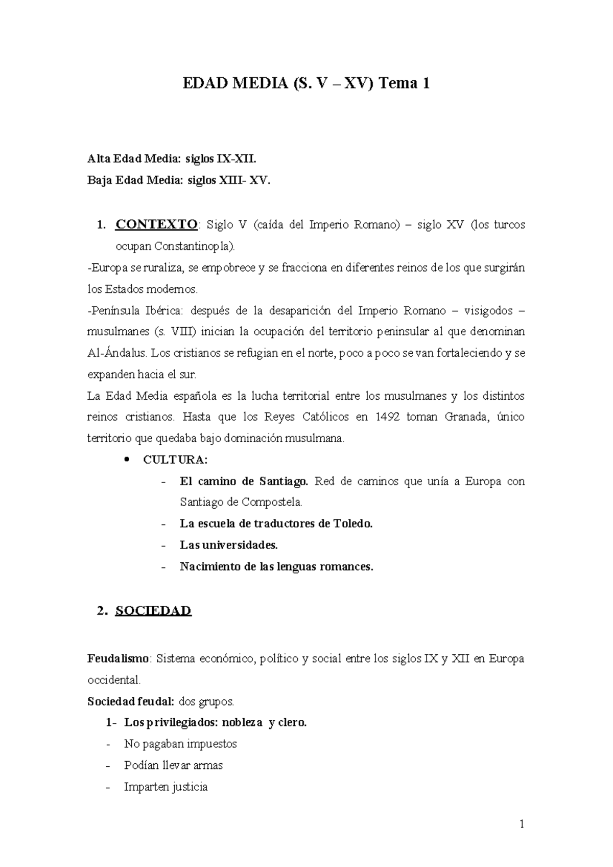 Apuntes EDAD MEDIA (S. V - XV) Tema 1: Contexto y Cultura - Studocu