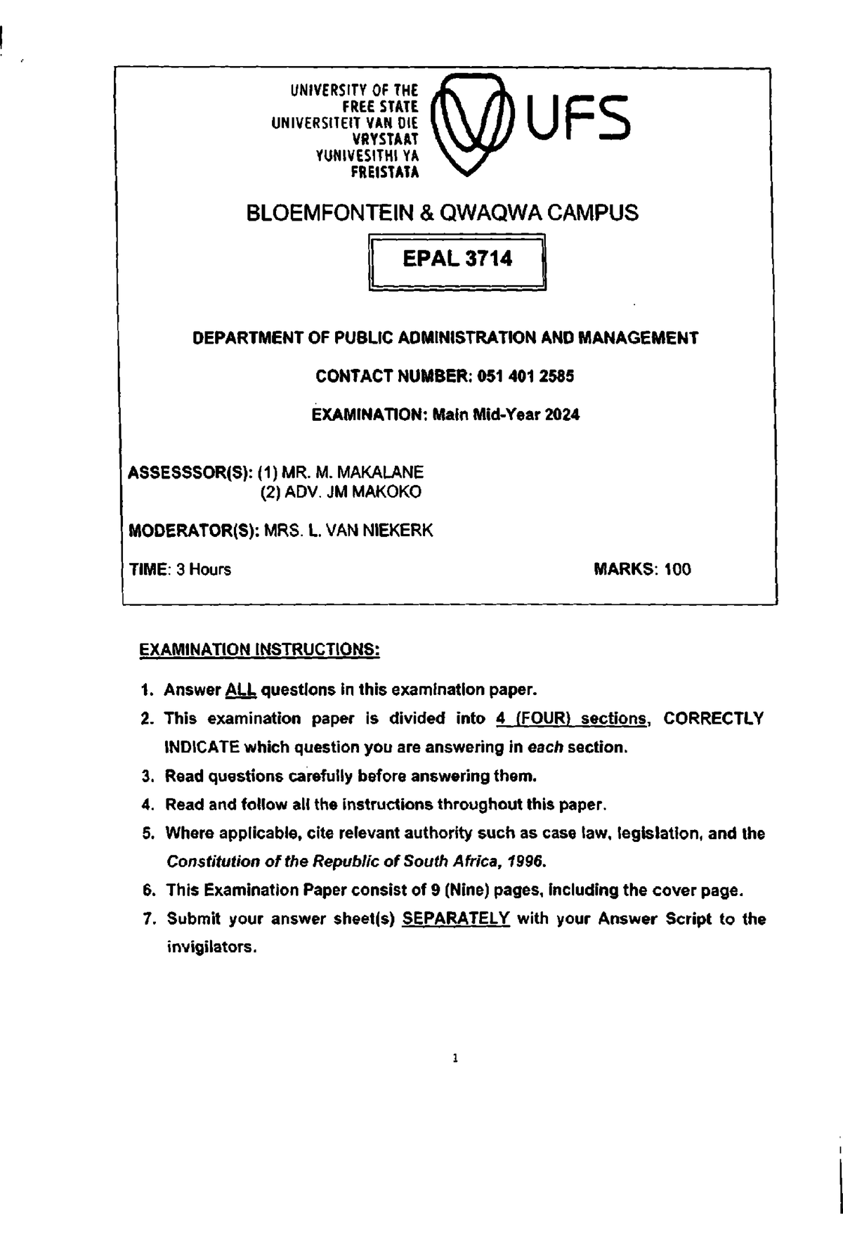 UFS EPAL 3714 Public Administration & Management Main Exam 2024 Guide ...