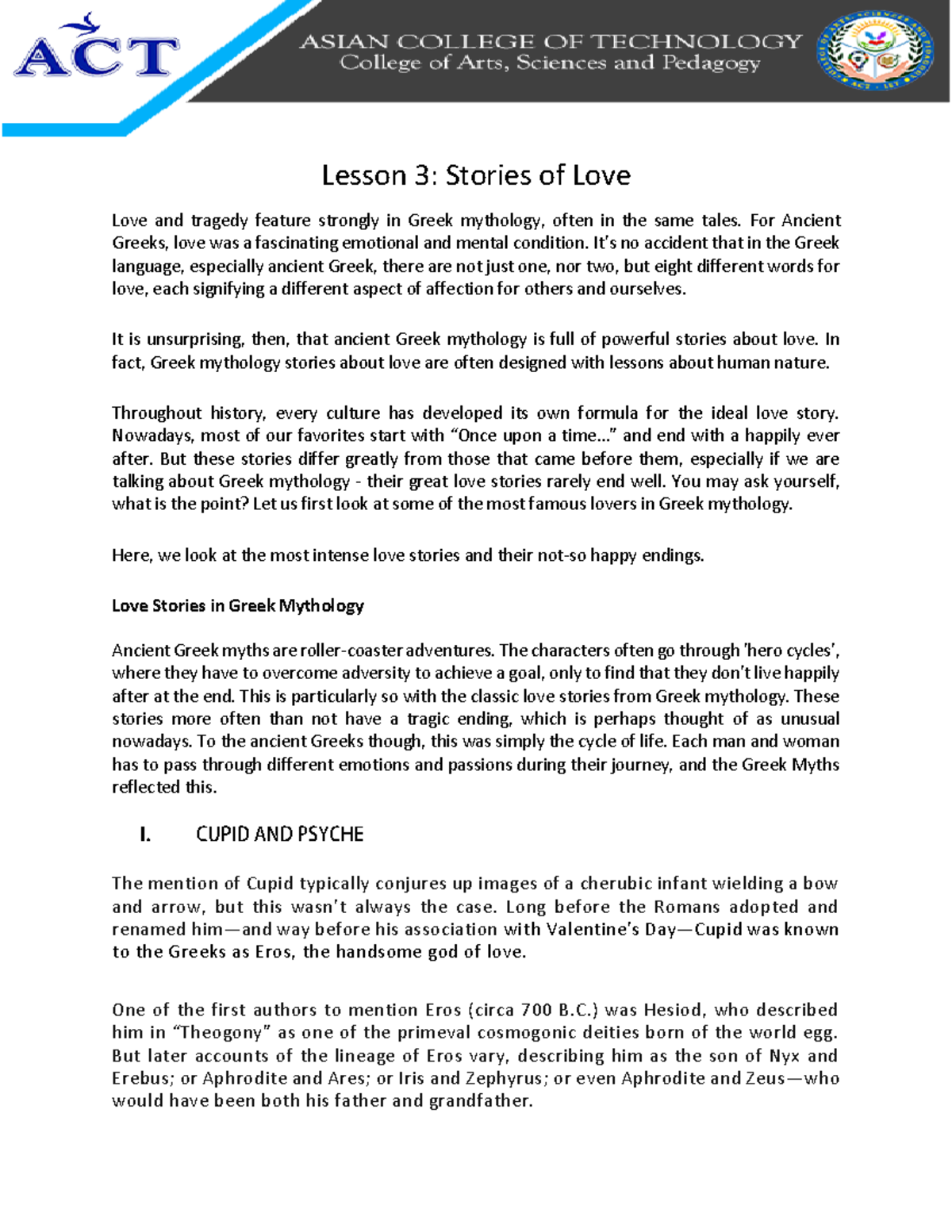 Greek Mythology: Love Stories and Lessons - Lesson 3 - Studocu