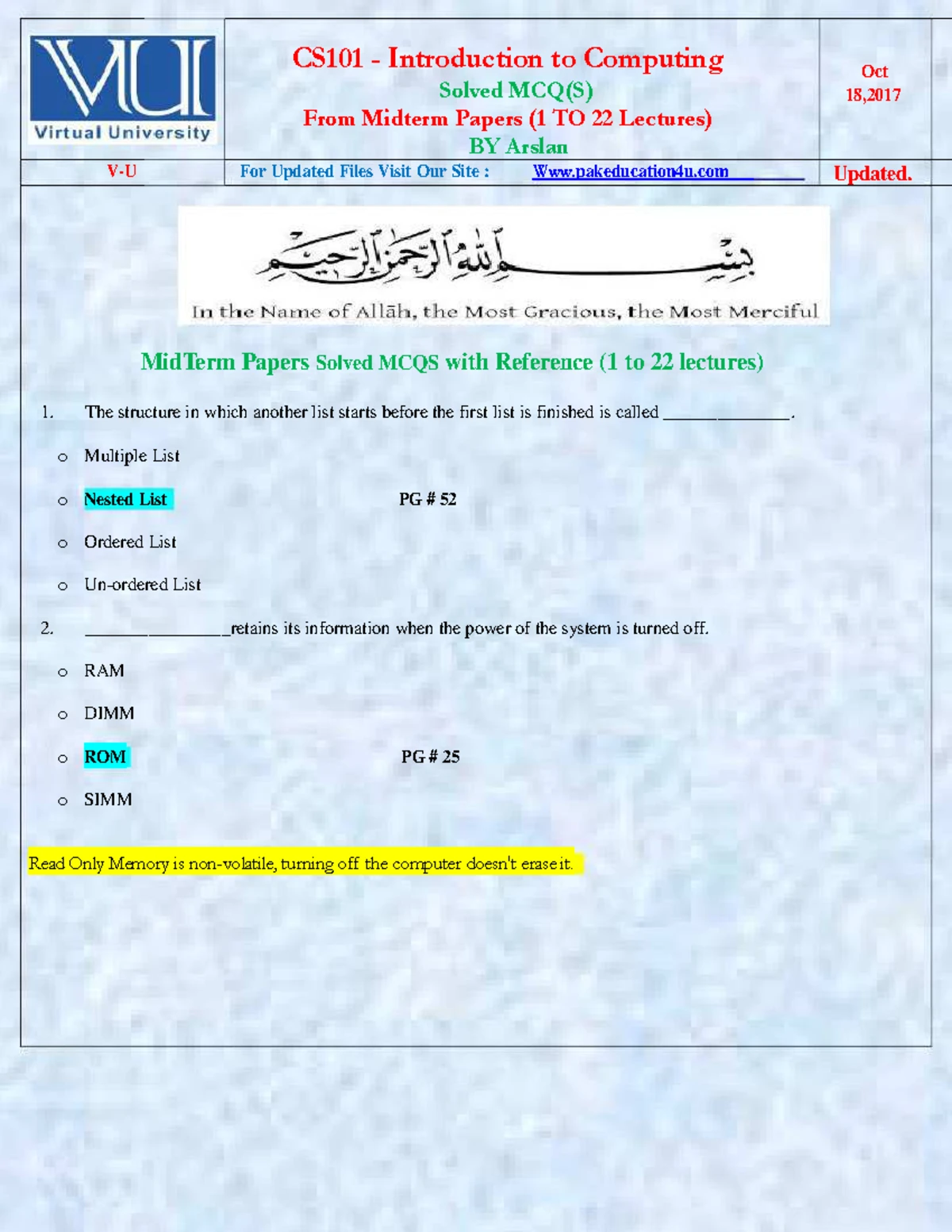 CS101 Midterm Solved MCQS By Junaid - 1 Drive is an example of_______ a ...