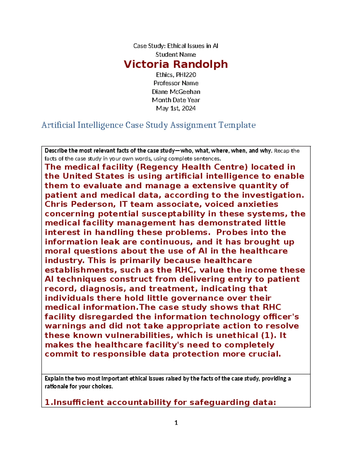 PHI220 Week 5 Case Study: Ethical Issues in AI at R.H.C. - Studocu
