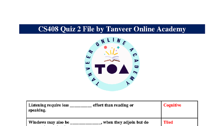 CS408 Quiz 2: Cognitive Aspects of User Interaction and Design - Studocu