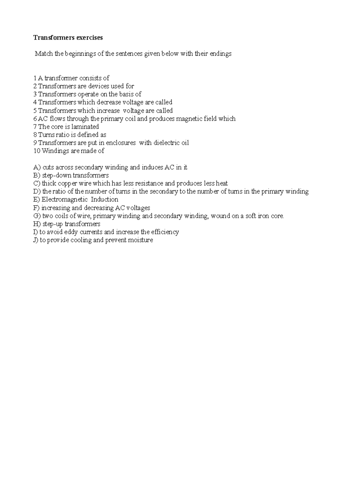 Transformers Exercises: Matching Sentences on Functions and Types - Studocu