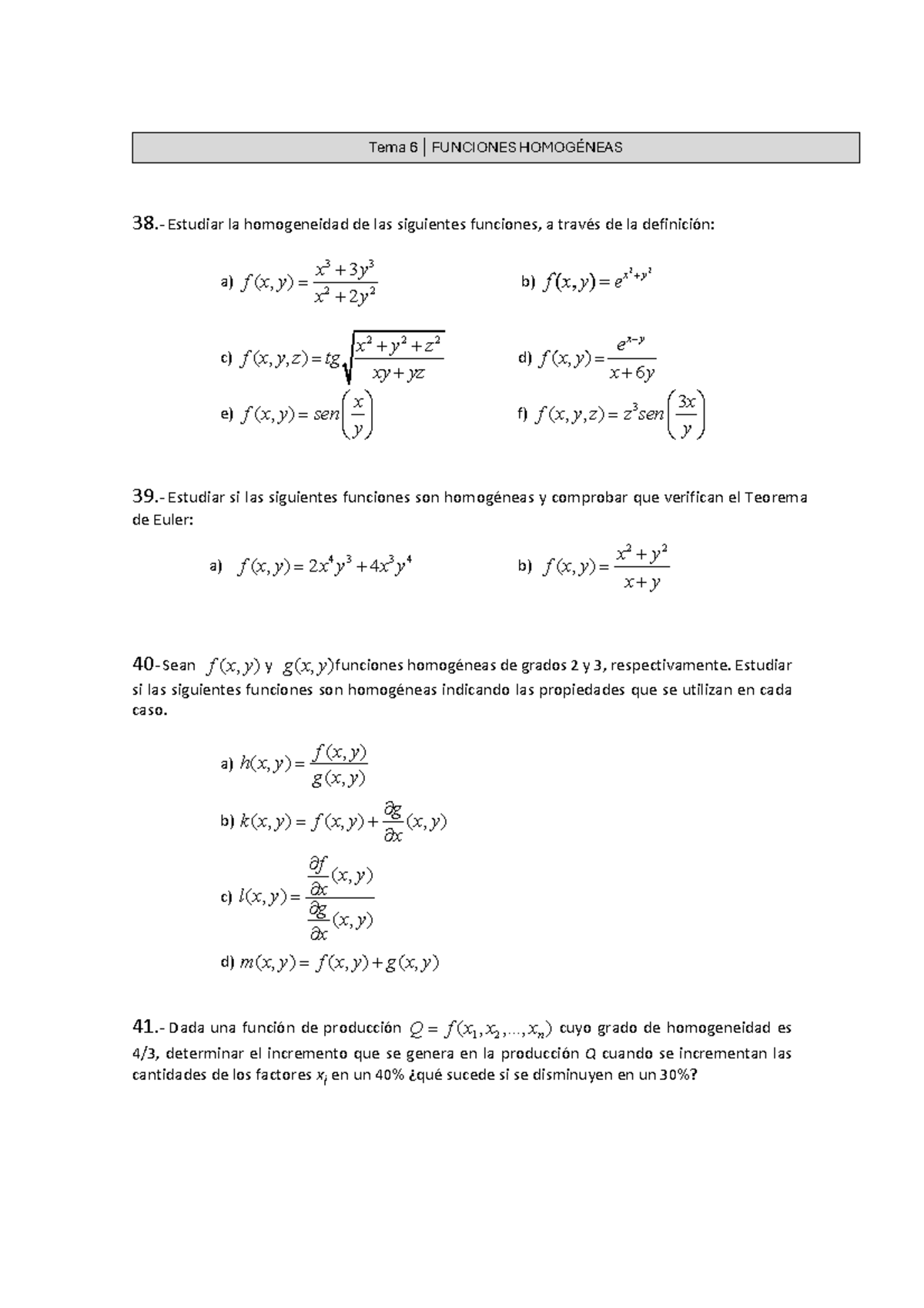 Tema 6: Funciones Homogéneas y Teorema de Euler - Ejercicios - Studocu