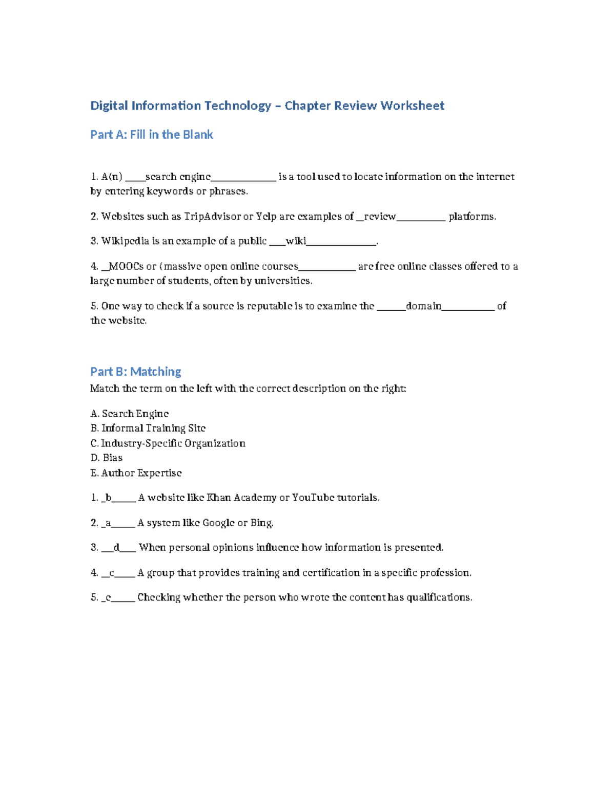 DIT Chapter Review Worksheet: Web Research Part A & B - Studocu
