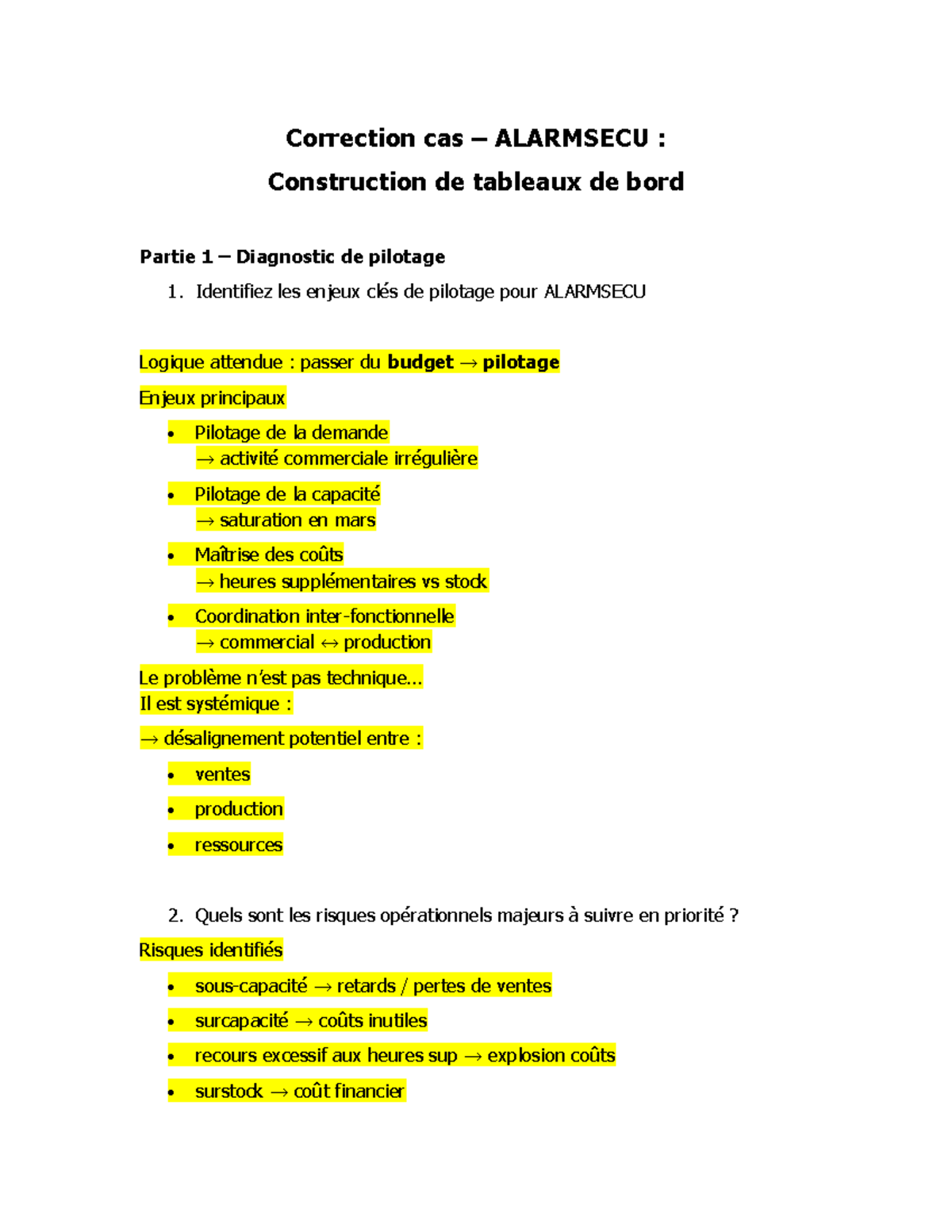 Correction Cas ALARMSECU : Tableau de Bord et Diagnostic de Pilotage ...