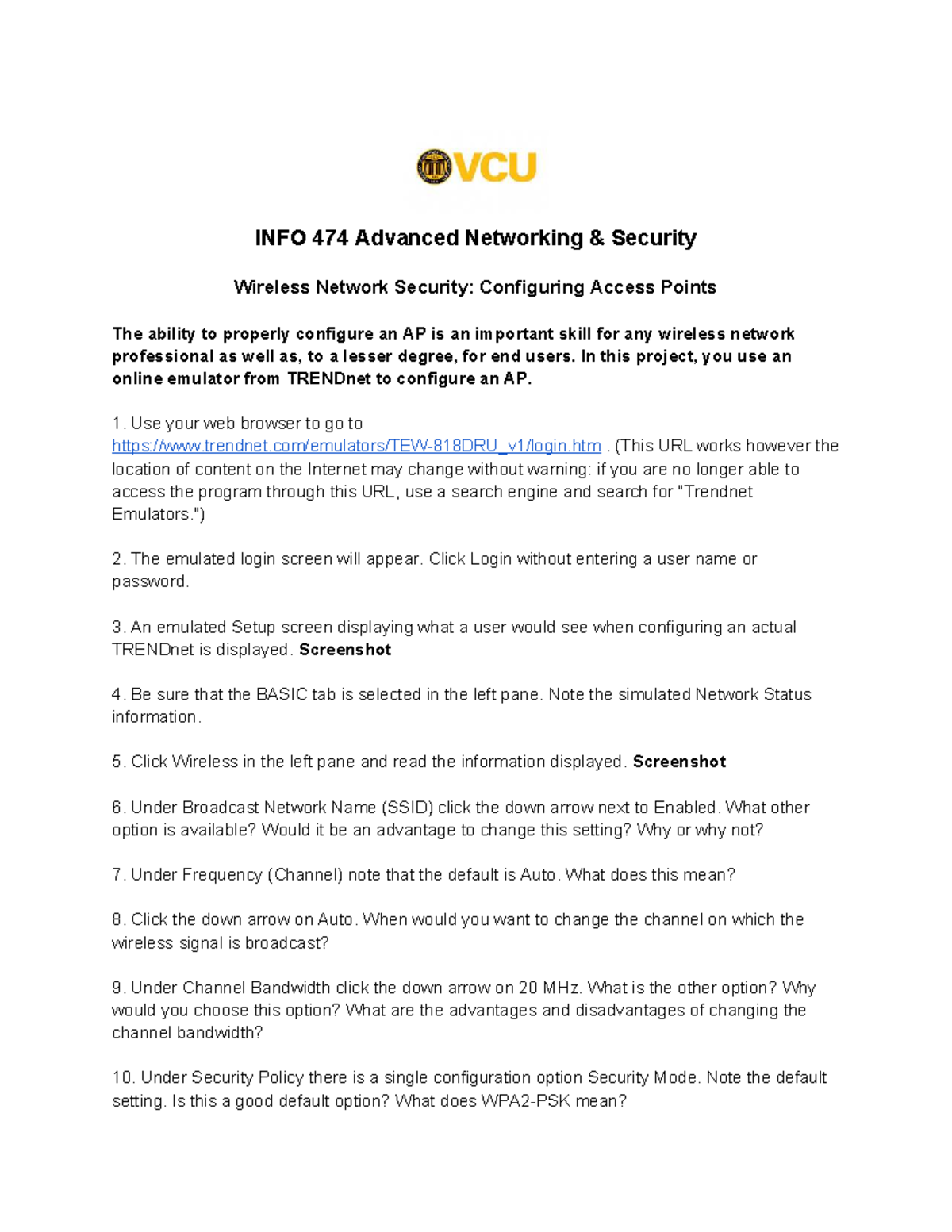 INFO 474 Wireless Network Security: Configuring Access Points Guide - Studocu