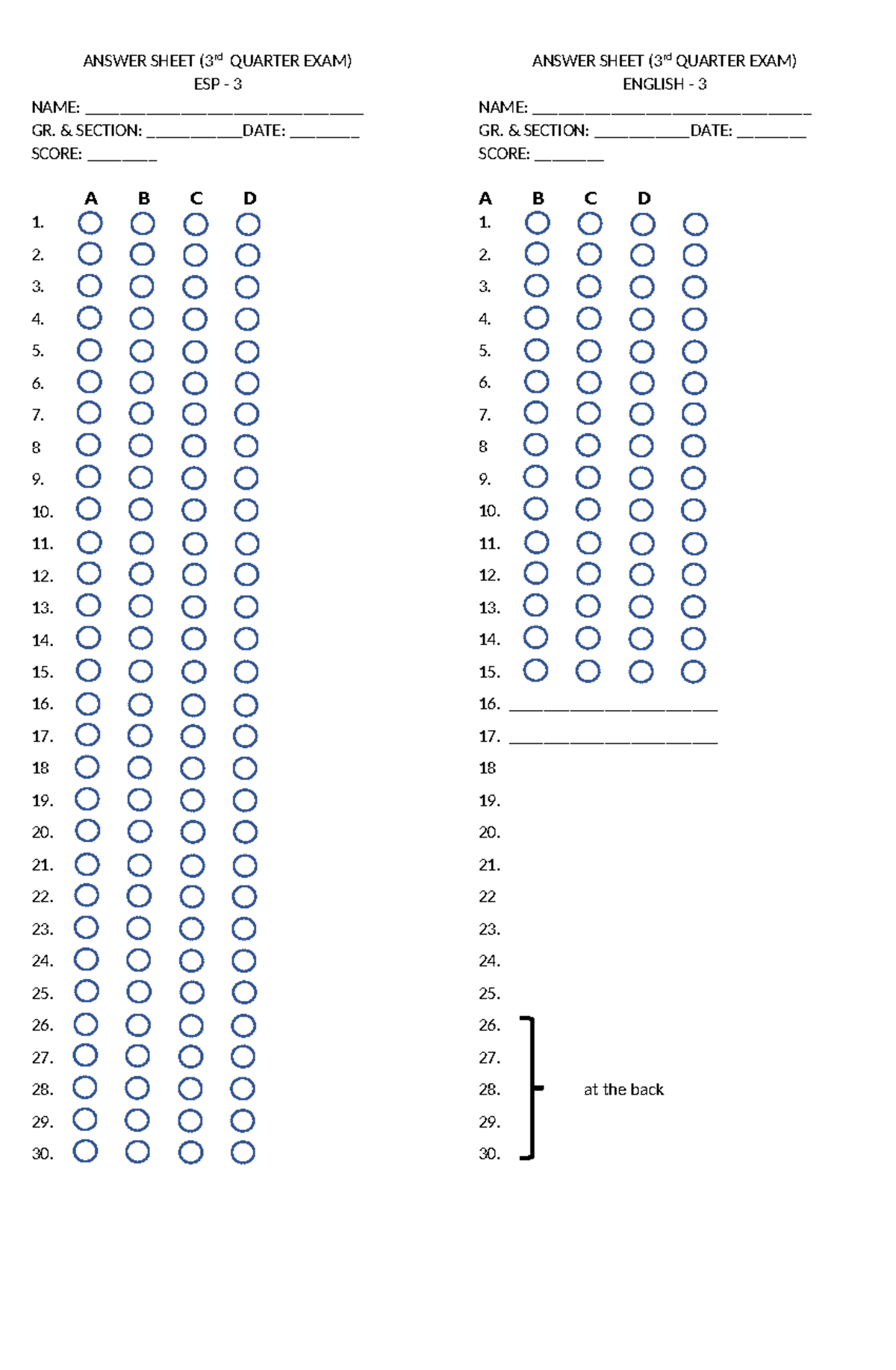 Answer Sheet Quarter 3 - filipino - ANSWER SHEET (3rd QUARTER EXAM) ESP ...