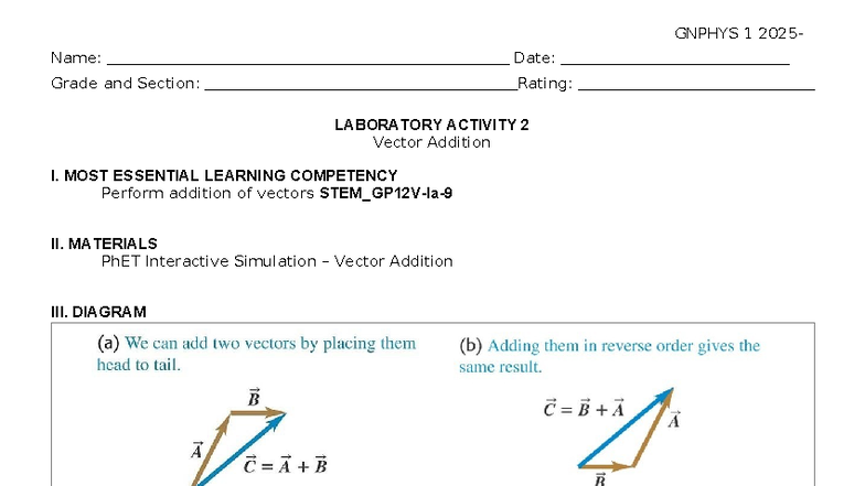 GNPHYS 1 202526 LAB ACTIVITY 2: Vector Addition Lesson Notes - Studocu