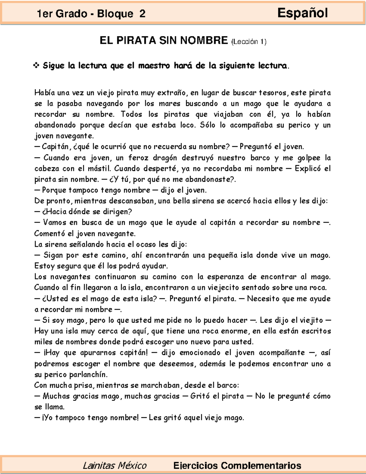 1er Grado B2 - Español: Comprensión Lectora del Pirata Sin Nombre - Studocu