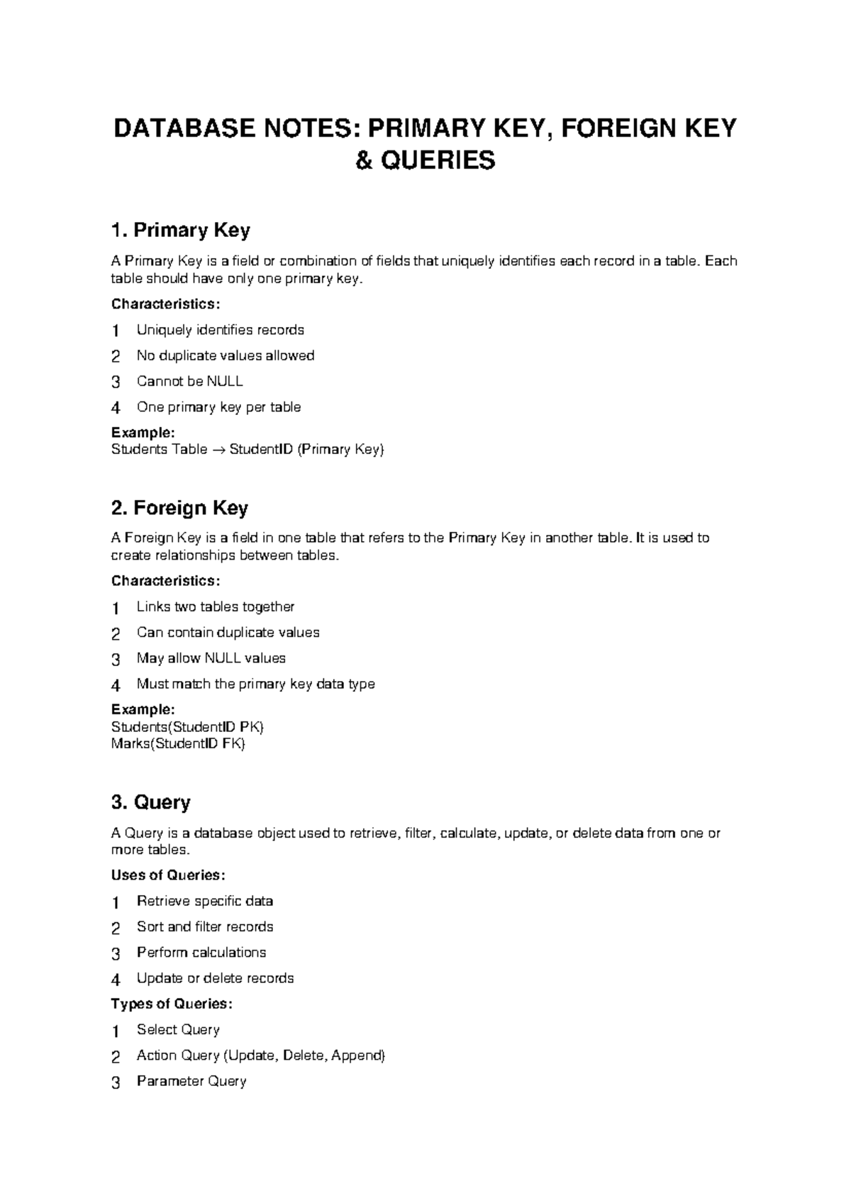 DATABASE NOTES: PRIMARY KEY, FOREIGN KEY & QUERIES - Studocu