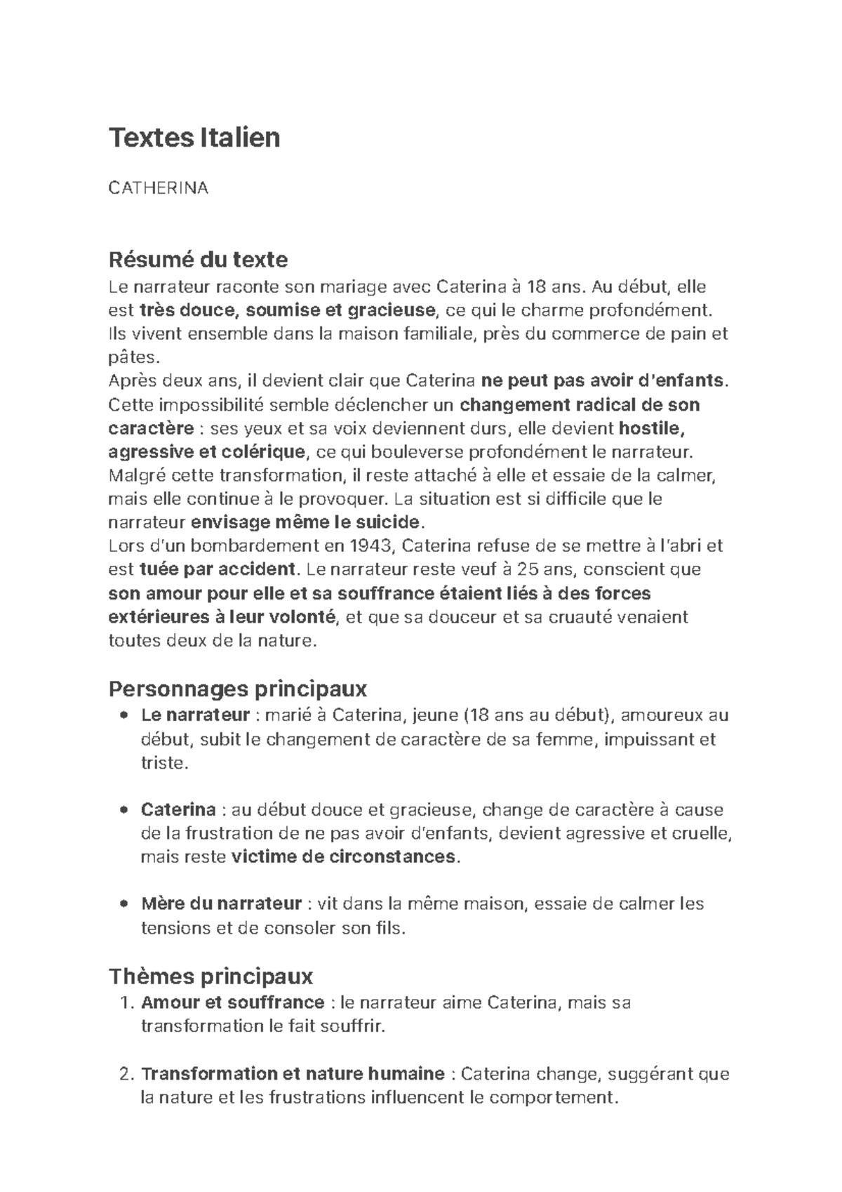 Résumé des Textes Italiens 1 - CATHERINA et Autres Histoires - Studocu