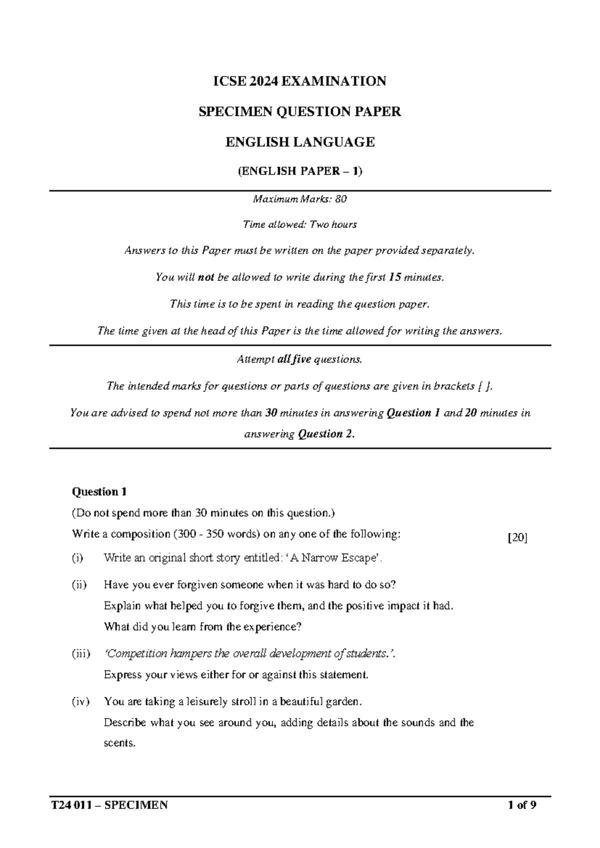 ICSE 2024 Specimen Question Paper: English Language (Paper 1) - Studocu