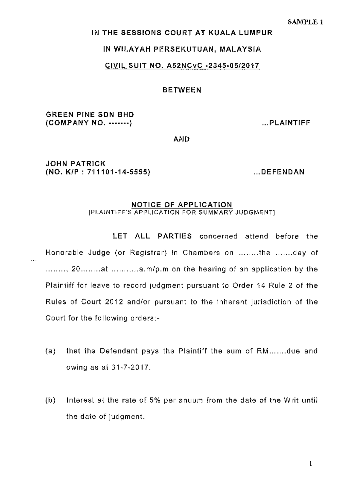 Sample Notice of Application for SJ (Judicial Proceedings) - Studocu