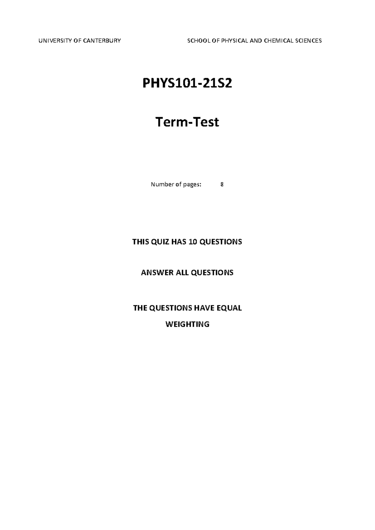 PHYS101 21S2 Term test A - PHYS101-21S Term-Test Number of pages: 8 ...