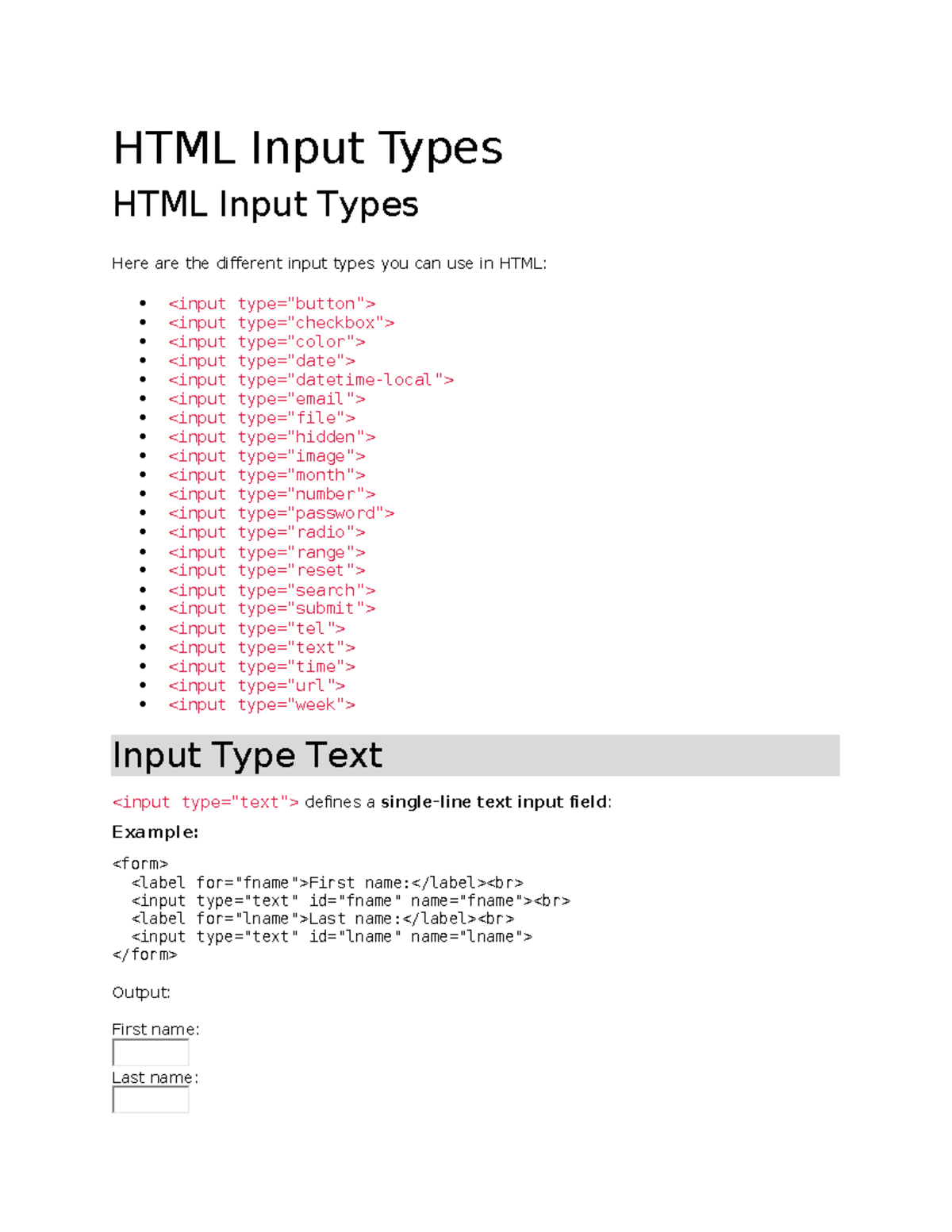 HTML Input Types - UNIT 2: Comprehensive Guide to Input Elements - Studocu