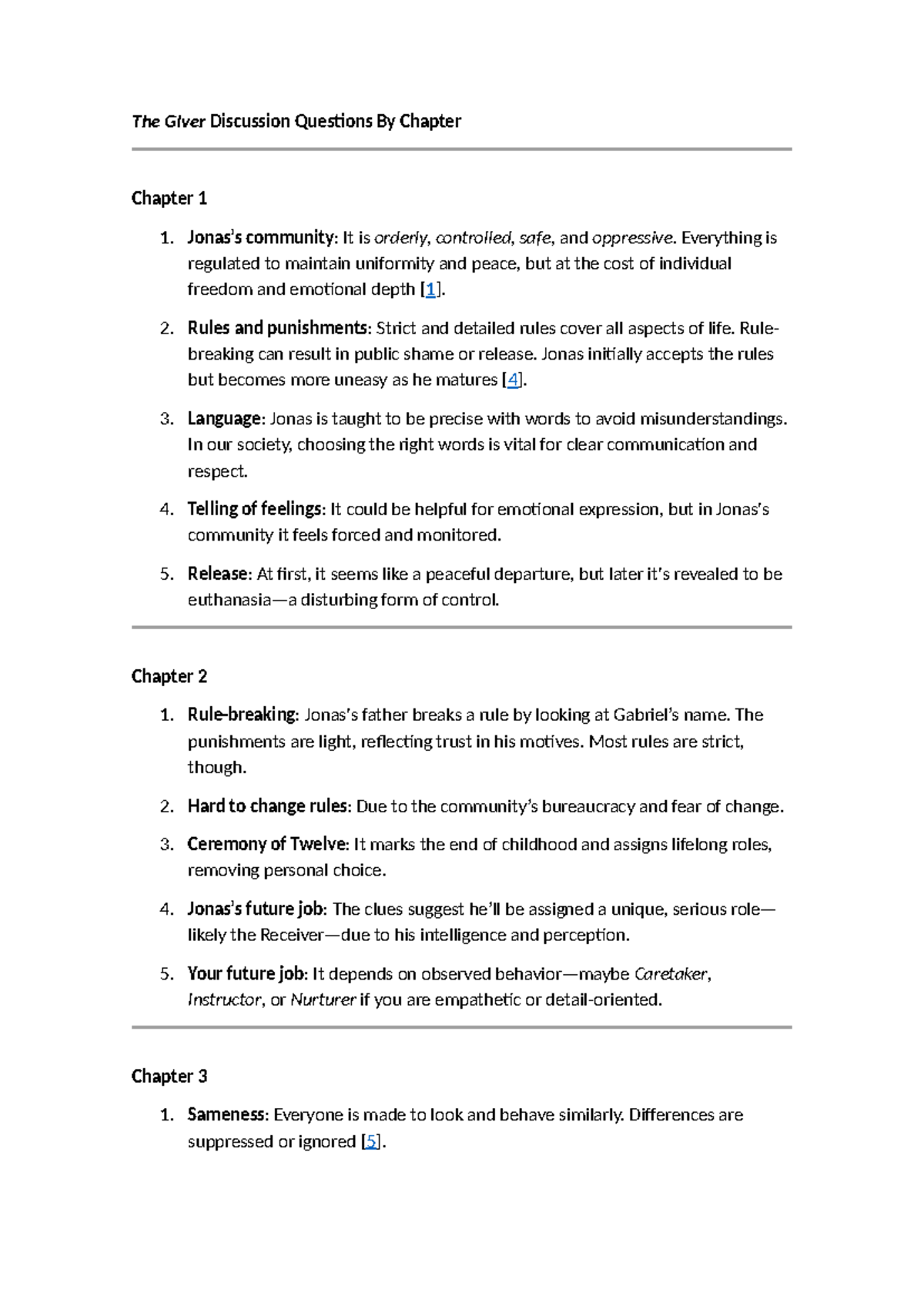 The Giver Discussion Questions by Chapter: Insights and Analysis - Studocu
