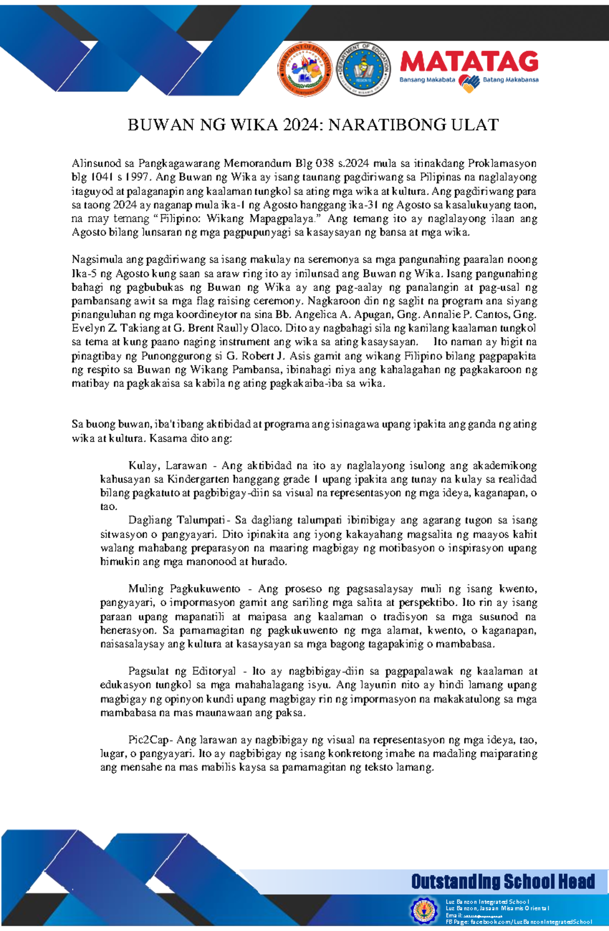 LBIS - Buwan ng Wika 2024: Ulat ng mga Aktibidad at Tagumpay - Studocu