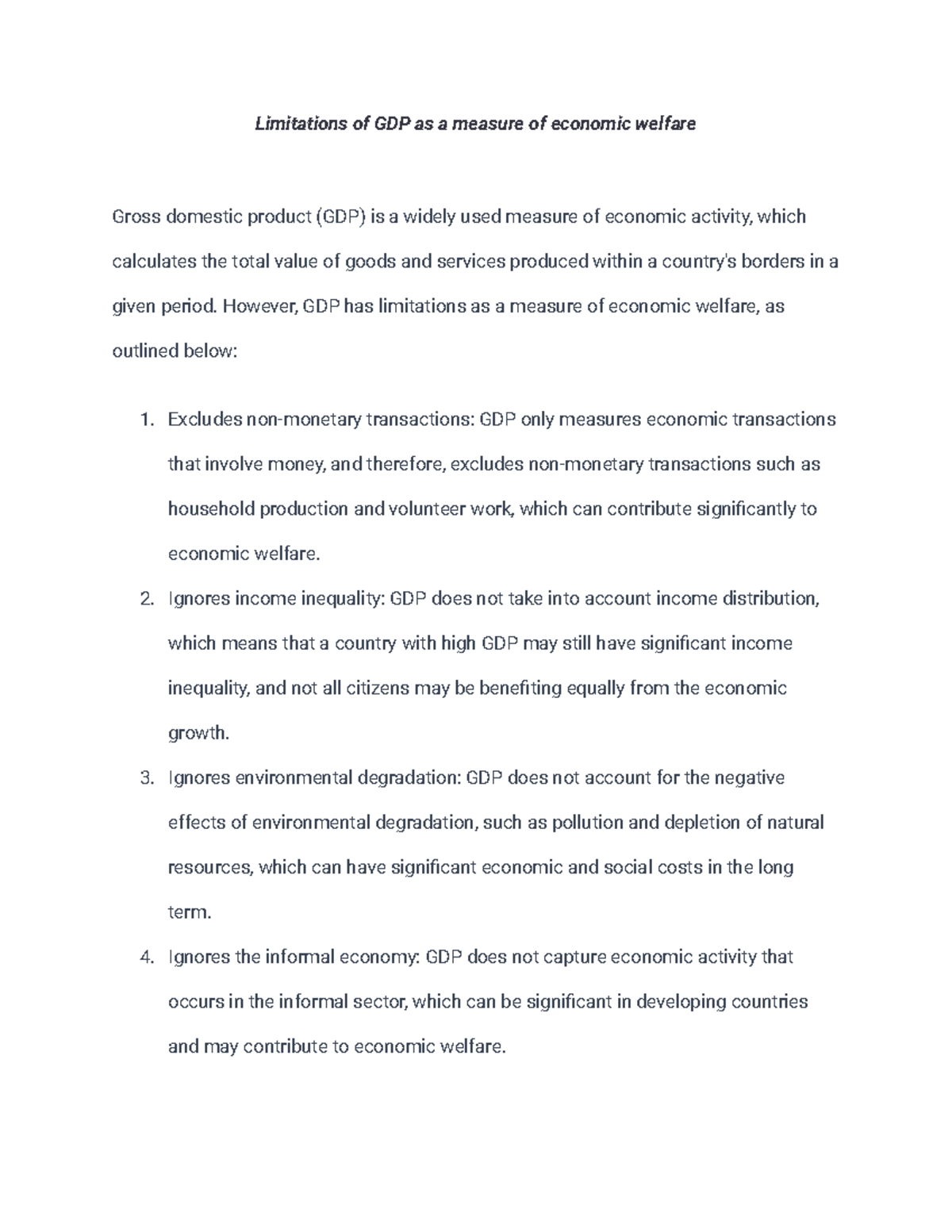 Limitations of GDP as an Economic Welfare Measure: Key Insights - Studocu