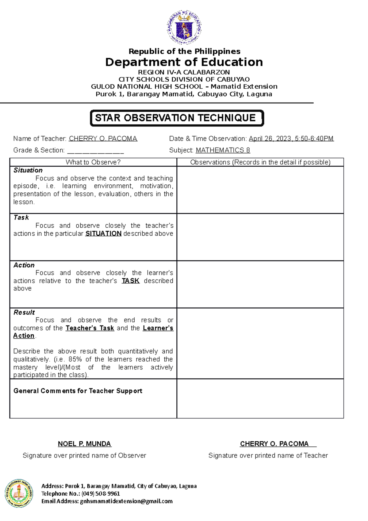Munda STAR Observation FORM MATH 20 21 - Republic of the Philippines ...