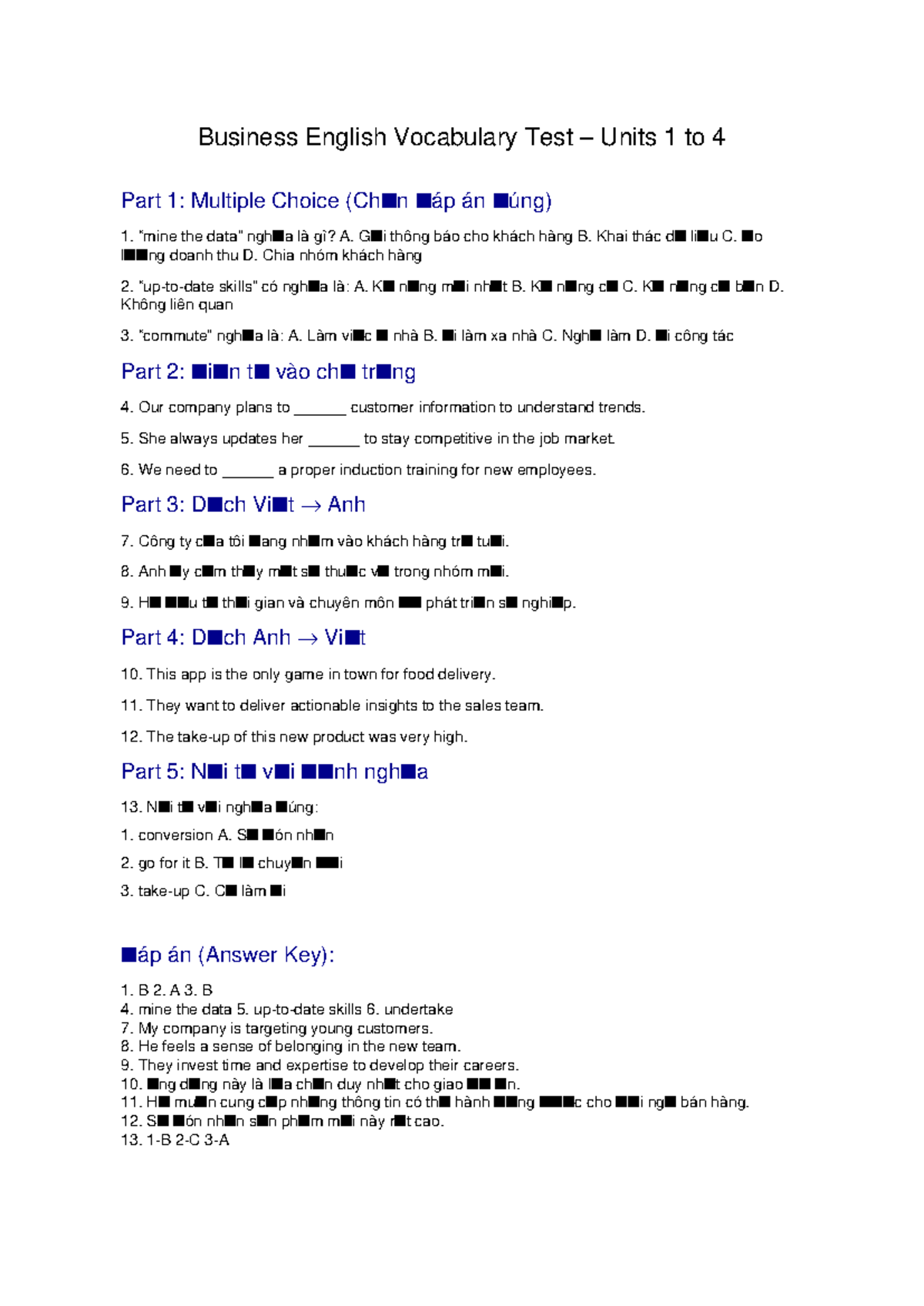 Business English Vocabulary Test (Units 1-4) - Multiple Choice - Studocu