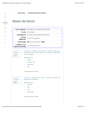 Modalidad de exámenes Semana 4 Revisión del intento - Bases de datos Pregunta 1 Completada ...