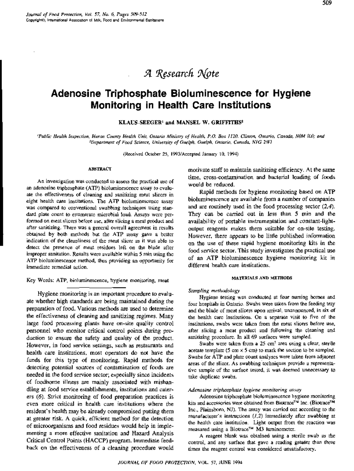 ATP Bioluminescence Hygiene Monitoring in Health Care Institutions ...