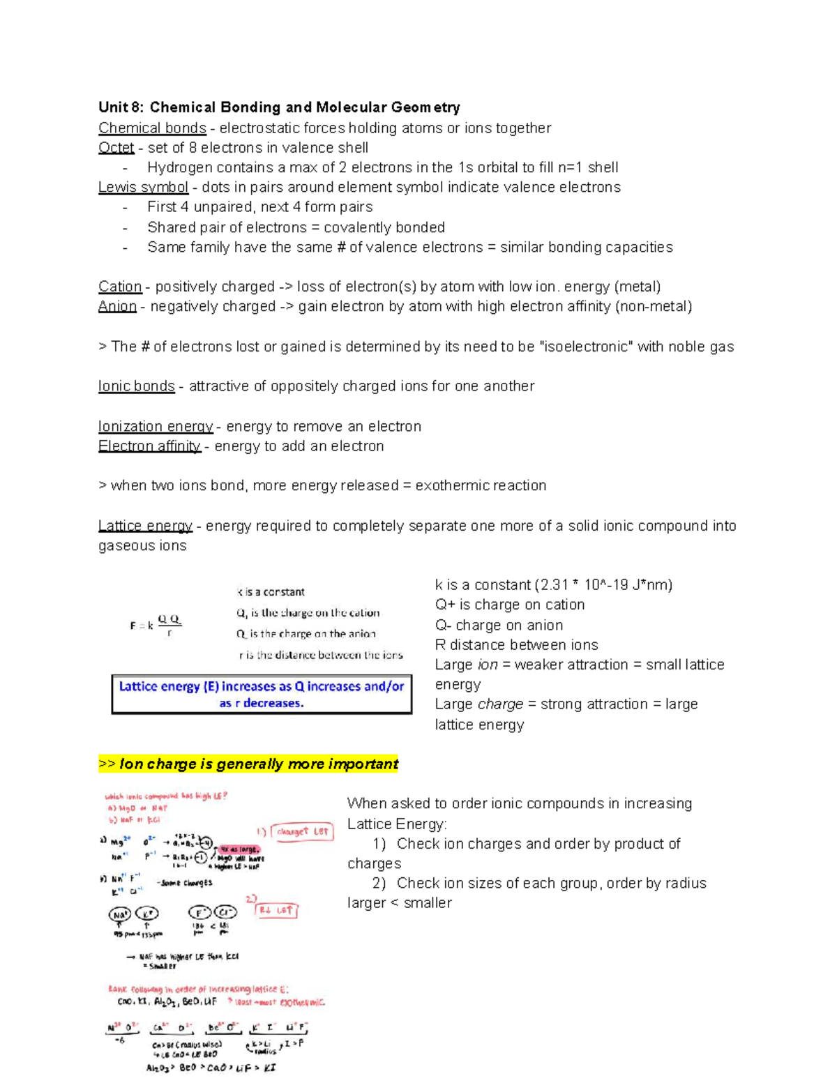 CHEM104 Unit 8: Chemical Bonding & Molecular Geometry Study Guide - Studocu