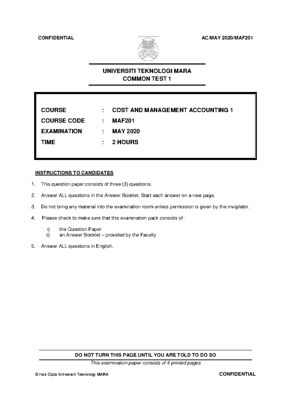 CT MAF201 Common Test 1 - Cost and Management Accounting 1 - Studocu