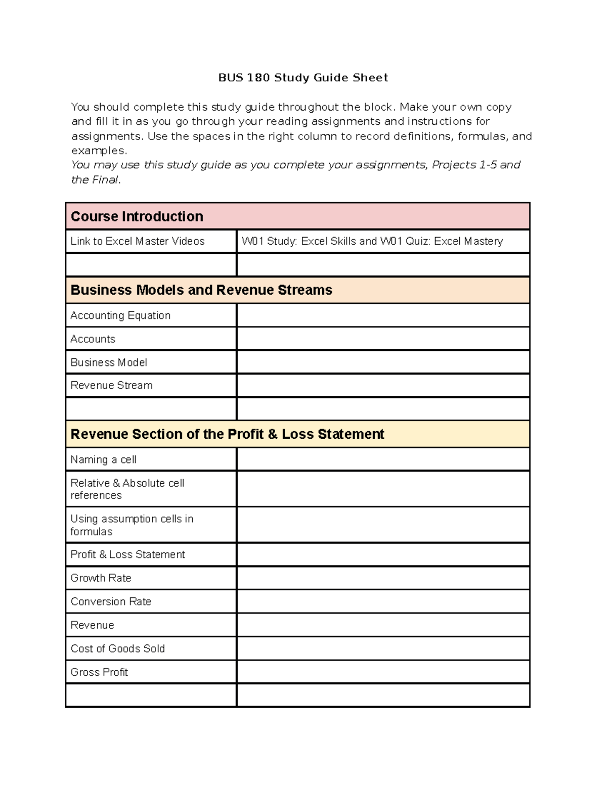 BUS 180 Comprehensive Block Study Guide - Assignments & Financial ...