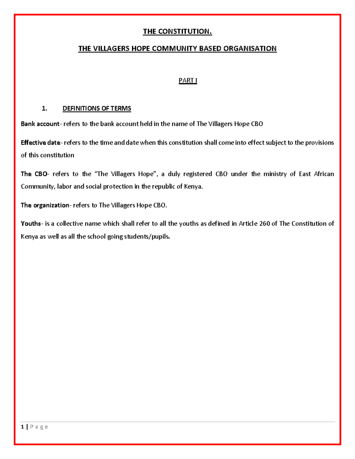 Constitution of The Villagers Hope CBO: Governance Framework - Studocu