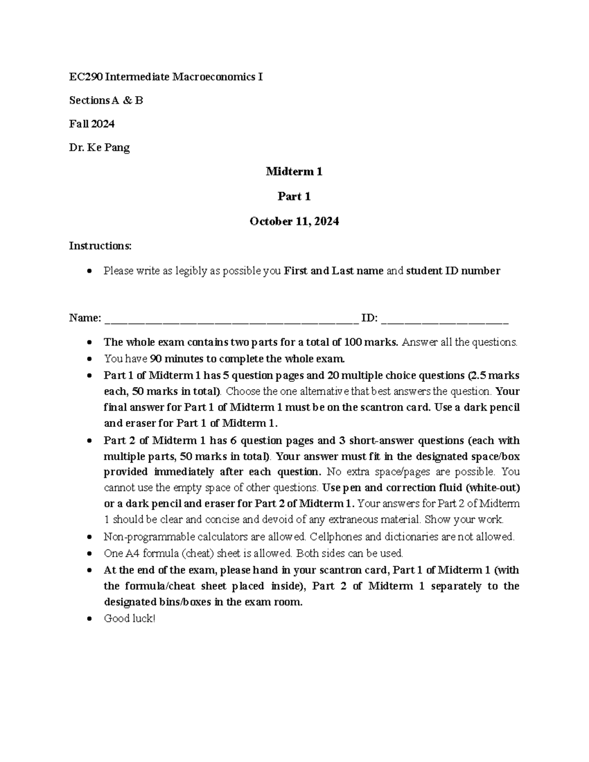 EC290 Intermediate Macroeconomics I Fall 2024 Midterm 1 Exam Guide - Studocu