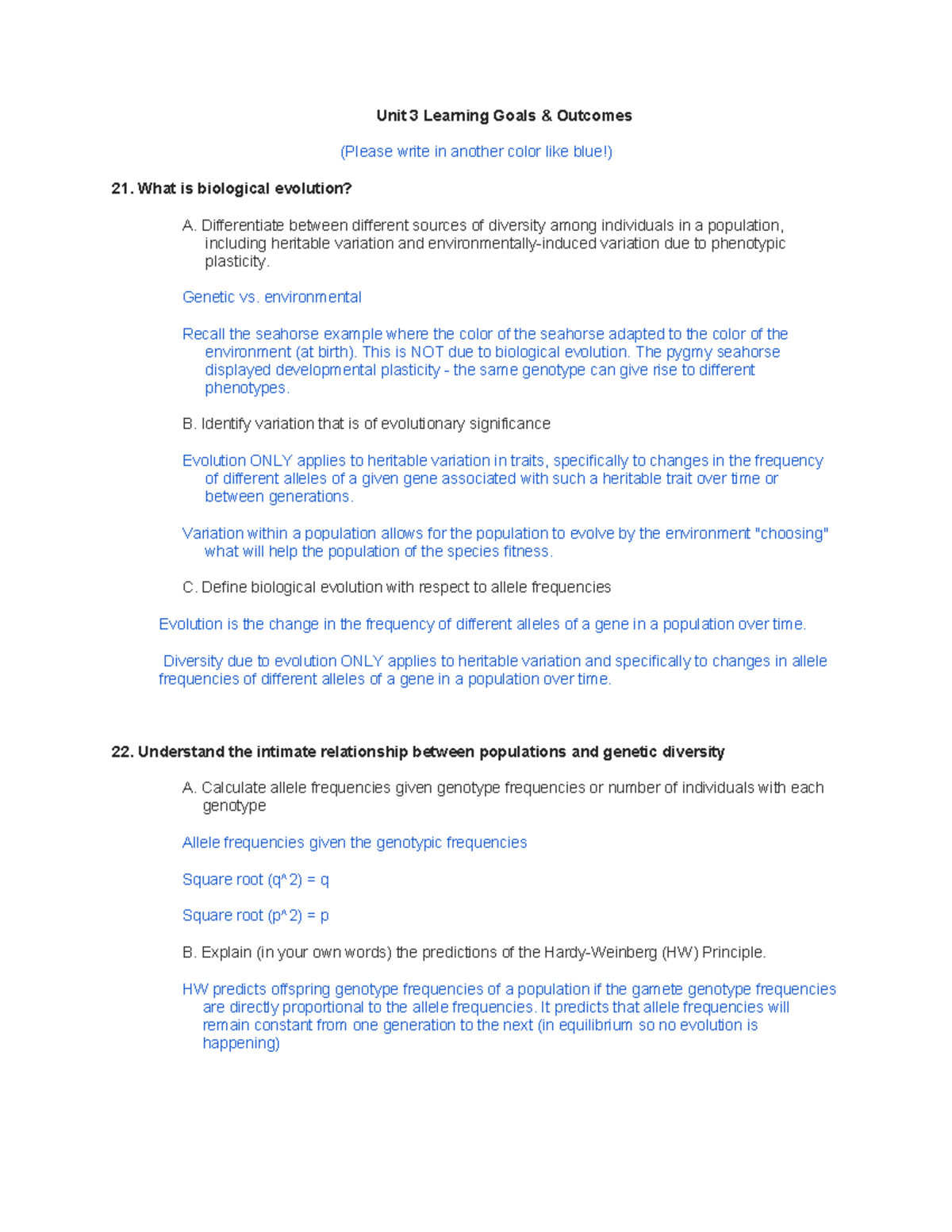 IB 150 Exam 3 Learning Goals: Biological Evolution & Population ...