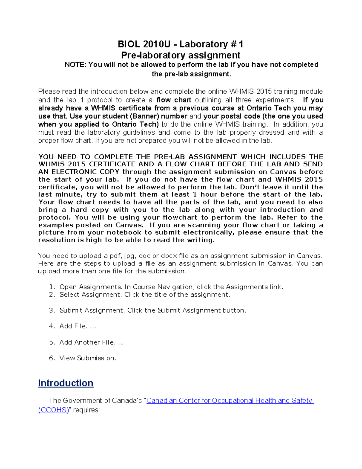 BIOL 2010U Lab 1 Pre-Lab Assignment & WHMIS Training Guide - Studocu