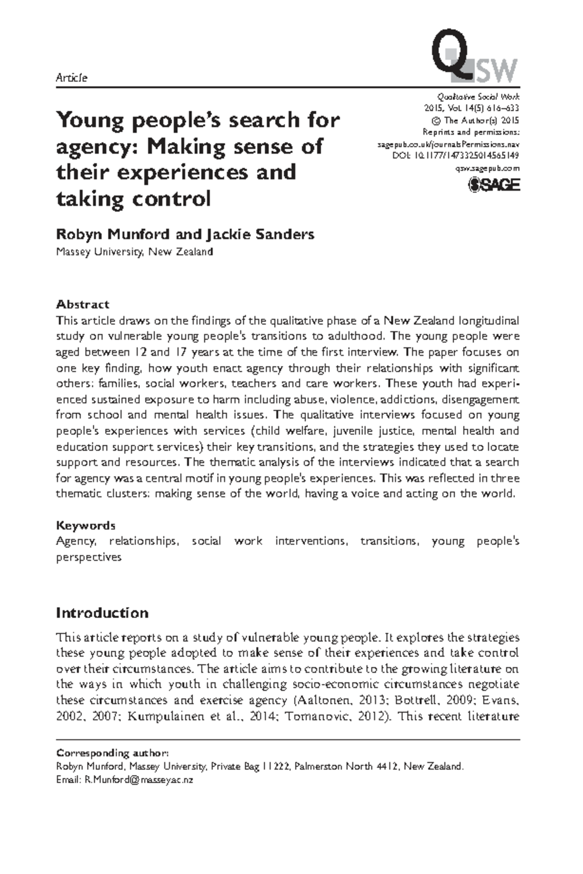 Exploring Agency in Vulnerable Youth: Insights from Qualitative ...