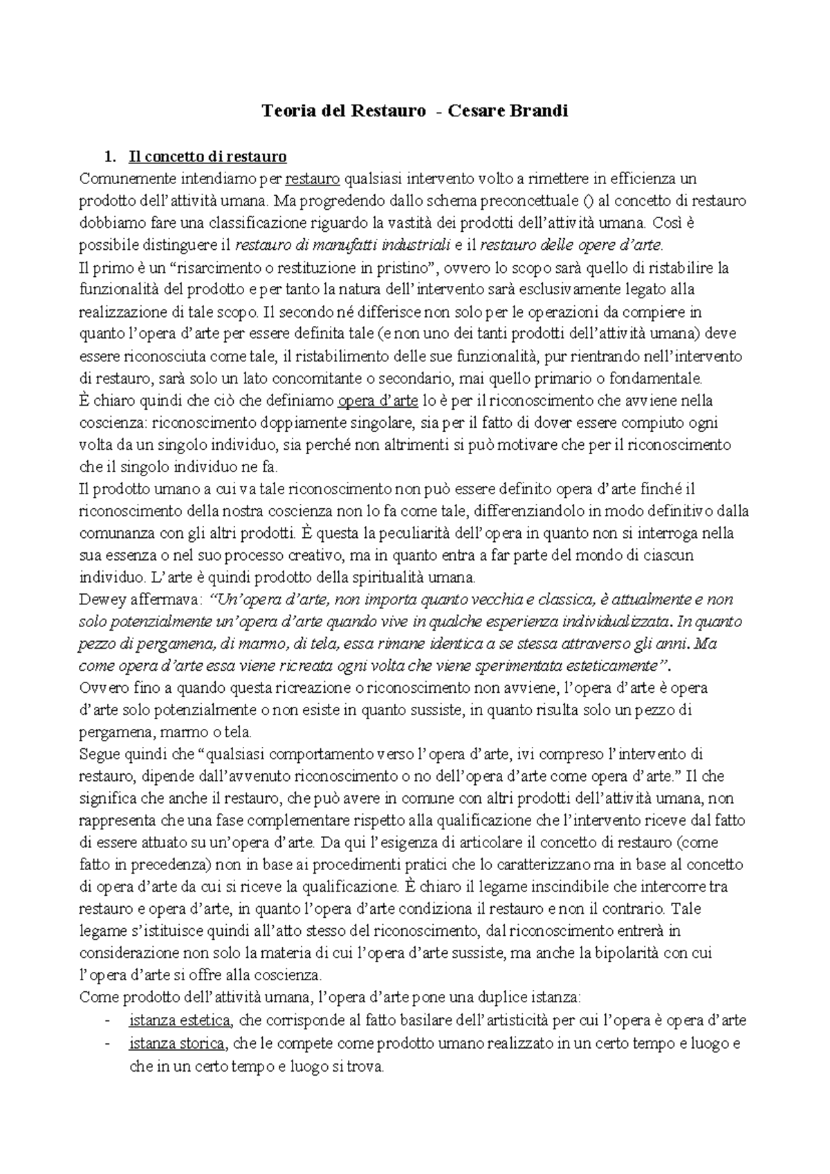 Riassunto Teorico sul Restauro secondo Cesare Brandi - Corso Restauro ...