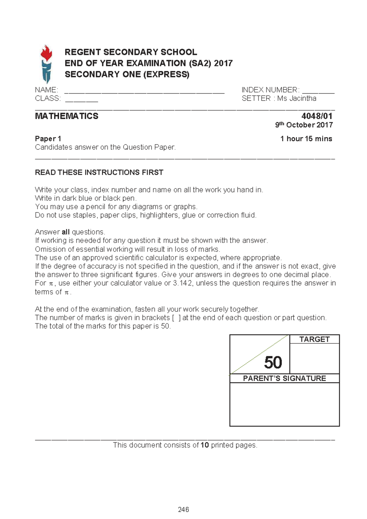 Sec 1 Math End of Year Exam (SA2) 2017 - Regent School - Studocu