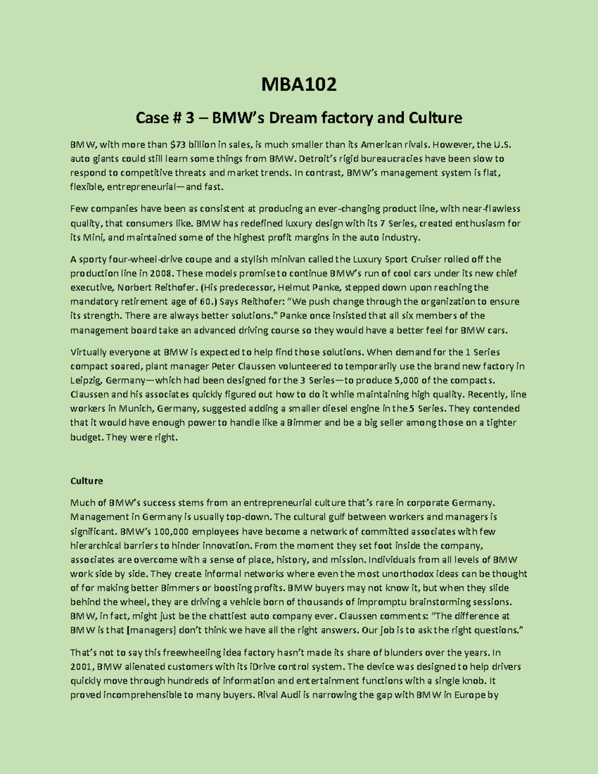 MBA102 Case Study: BMW's Culture and Innovation Strategies - Studocu