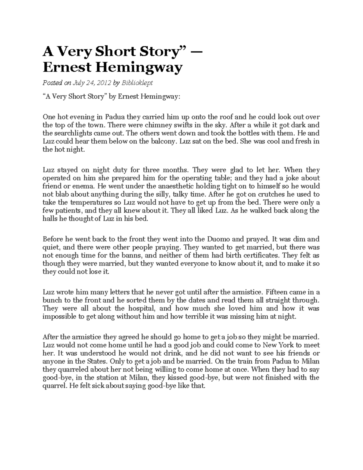 AHE bidabida - disregard - A Very Short Story” — Ernest Hemingway ...