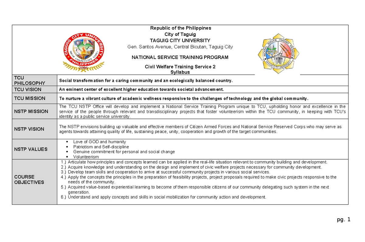NSTP 7 Module CWTS - Nstp - Republic of the Philippines City of Taguig ...