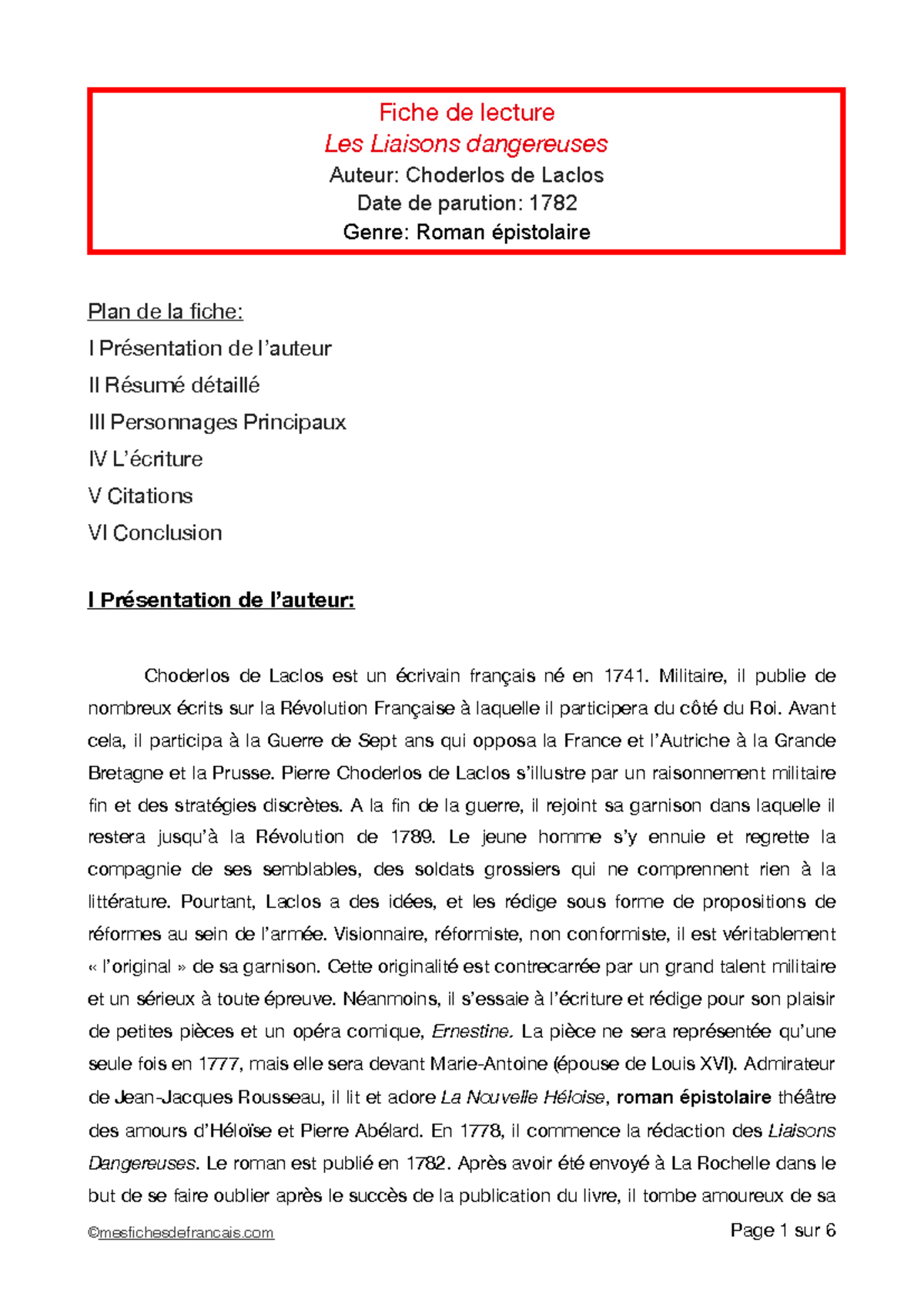 Fiche de Lecture: Les Liaisons Dangereuses (Roman Épistolaire) - Studocu