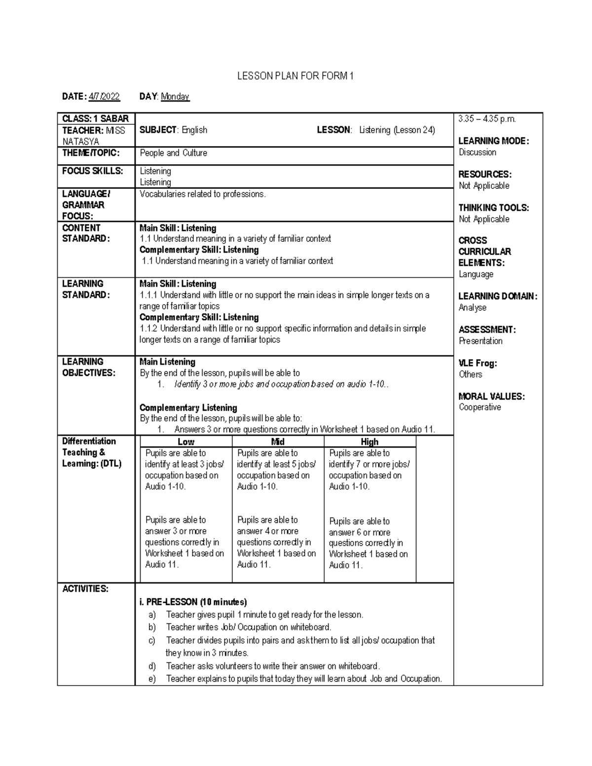 Lesson Plan for English Form 1: Listening Skills (Lesson 24) - Studocu